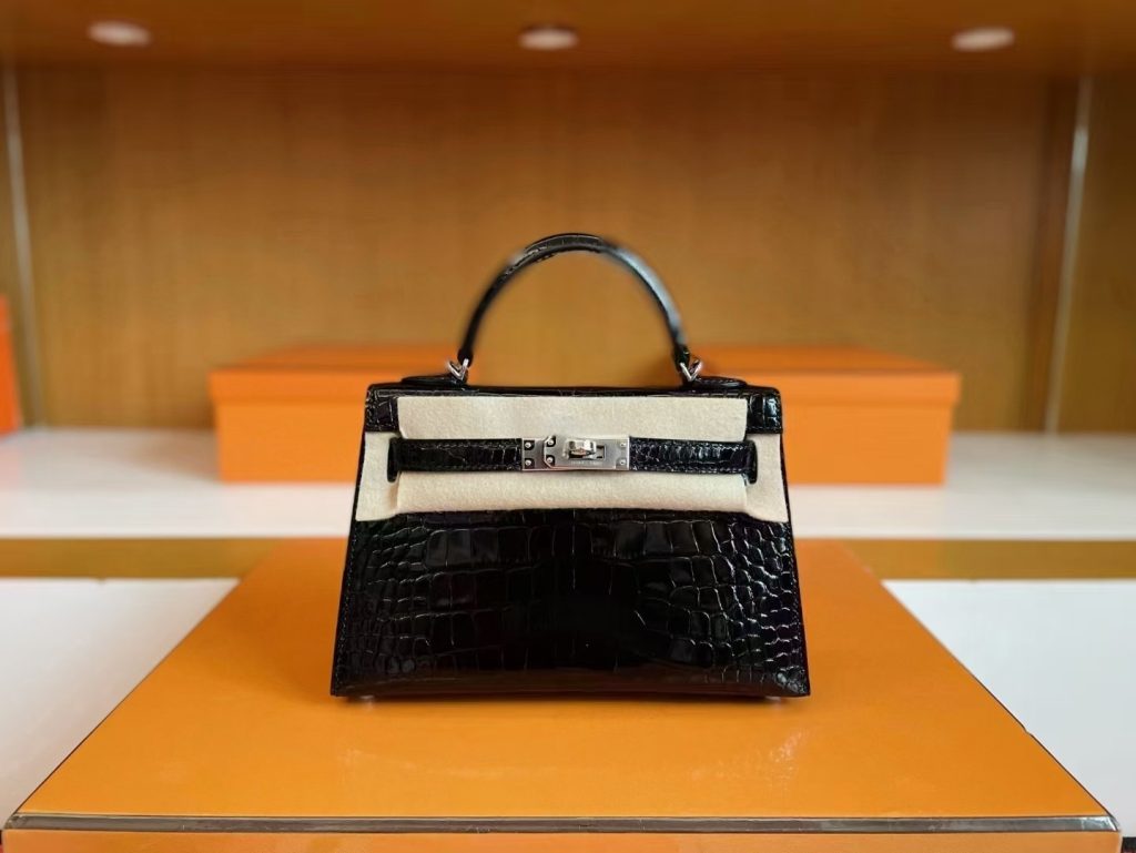 H Factory Bags Mini Kelly Shiny Alligator Crocodile Black Silver ...