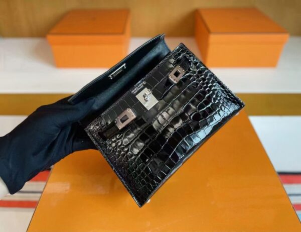 H Factory Bags Mini Kelly Shiny Alligator Crocodile Black Silver ...