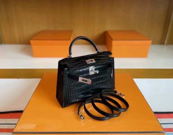 H Factory Bags Mini Kelly Matte Alligator Crocodile Black Silver ...