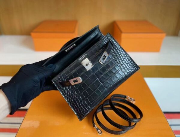 H Factory Bags Mini Kelly Matte Alligator Crocodile Black Silver ...